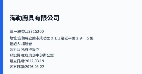 海勒廚具有限公司的照片-統編 53815200(宜蘭縣) 公司登記資料與營業項目詳細圖表