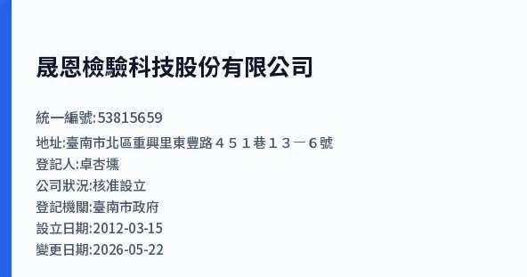 晟恩檢驗科技股份有限公司的照片-統編 53815659(臺南市) 公司登記資料與營業項目詳細圖表