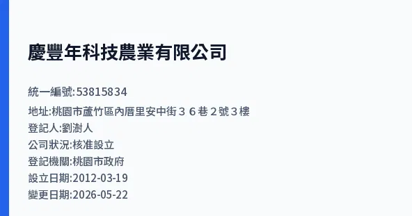 慶豐年科技農業有限公司的照片-統編 53815834(桃園市) 公司登記資料與營業項目詳細圖表