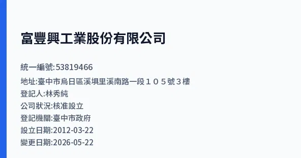 富豐興工業股份有限公司的照片-統編 53819466(臺中市) 公司登記資料與營業項目詳細圖表