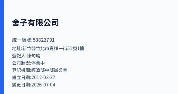 舍子有限公司的照片-統編 53822791(新竹縣) 公司登記資料與營業項目詳細圖表