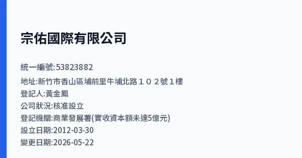 宗佑國際有限公司的照片-統編 53823882(新竹市) 公司登記資料與營業項目詳細圖表