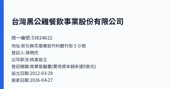 台灣黑公雞餐飲事業股份有限公司的照片-統編 53824622(彰化縣) 公司登記資料與營業項目詳細圖表