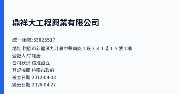 鼎祥大工程興業有限公司的照片-統編 53825517(桃園市) 公司登記資料與營業項目詳細圖表