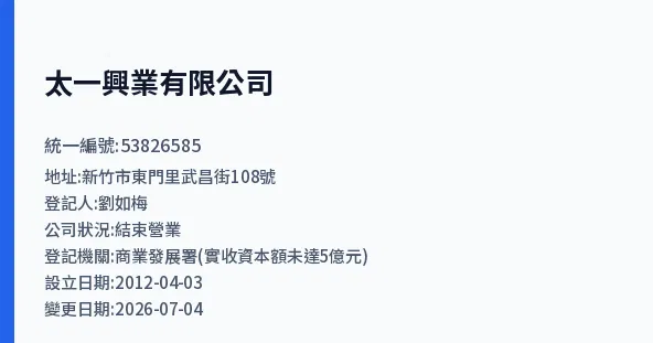 太一興業有限公司的照片-統編 53826585(新竹縣) 公司登記資料與營業項目詳細圖表