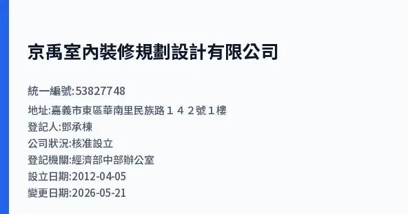 京禹室內裝修規劃設計有限公司的照片-統編 53827748(嘉義市) 公司登記資料與營業項目詳細圖表