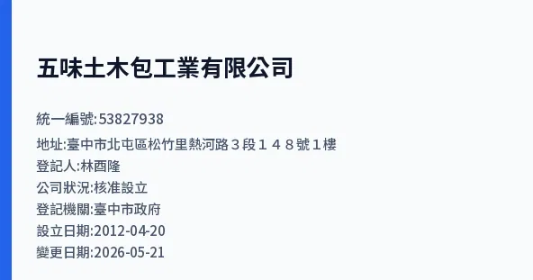 五味土木包工業有限公司的照片-統編 53827938(臺中市) 公司登記資料與營業項目詳細圖表