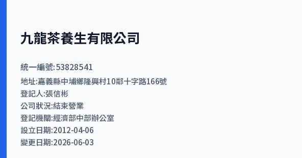 九龍茶養生有限公司的照片-統編 53828541(嘉義縣) 公司登記資料與營業項目詳細圖表