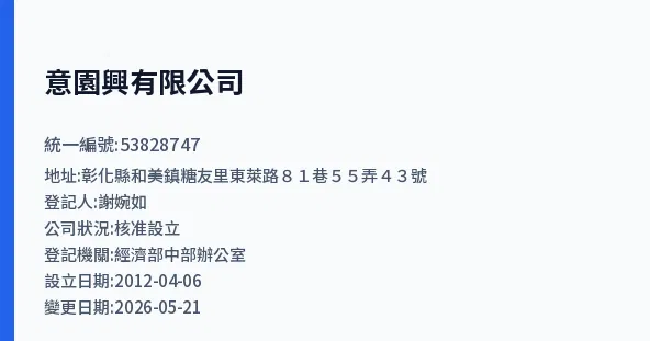 意園興有限公司的照片-統編 53828747(彰化縣) 公司登記資料與營業項目詳細圖表