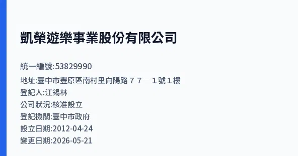 凱榮遊樂事業股份有限公司的照片-統編 53829990(臺中市) 公司登記資料與營業項目詳細圖表