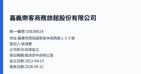 嘉義樂客商務旅館股份有限公司的照片-統編 53830624(嘉義市) 公司登記資料與營業項目詳細圖表