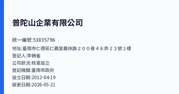 普陀山企業有限公司的照片-統編 53835796(臺南市) 公司登記資料與營業項目詳細圖表