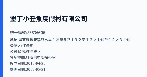 墾丁小丑魚度假村有限公司的照片-統編 53836606(屏東縣) 公司登記資料與營業項目詳細圖表