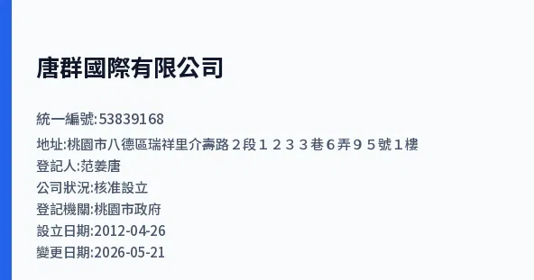 唐群國際有限公司的照片-統編 53839168(桃園市) 公司登記資料與營業項目詳細圖表