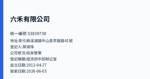 六禾有限公司的照片-統編 53839738(彰化縣) 公司登記資料與營業項目詳細圖表