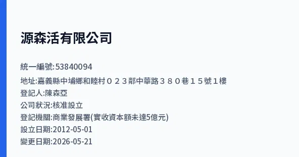 源森活有限公司的照片-統編 53840094(嘉義縣) 公司登記資料與營業項目詳細圖表