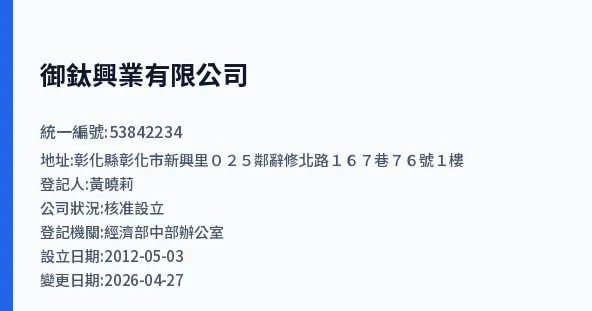 御鈦興業有限公司的照片-統編 53842234(彰化縣) 公司登記資料與營業項目詳細圖表