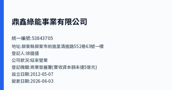 鼎鑫綠能事業有限公司的照片-統編 53843705(屏東縣) 公司登記資料與營業項目詳細圖表