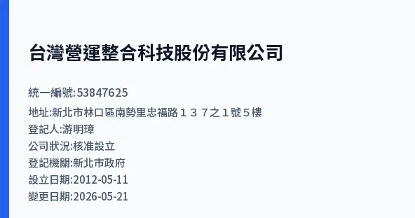台灣營運整合科技股份有限公司的照片-統編 53847625(新北市) 公司登記資料與營業項目詳細圖表