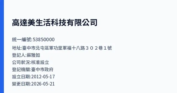 高達美生活科技有限公司的照片-統編 53850000(臺中市) 公司登記資料與營業項目詳細圖表