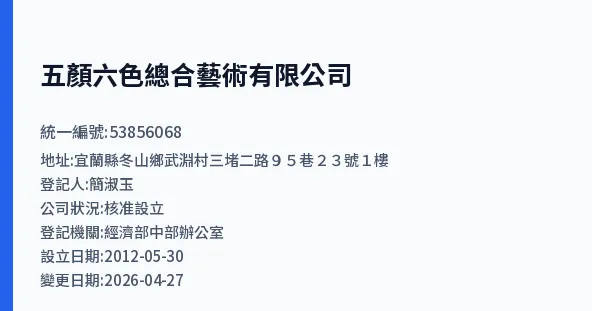 五顏六色總合藝術有限公司的照片-統編 53856068(宜蘭縣) 公司登記資料與營業項目詳細圖表
