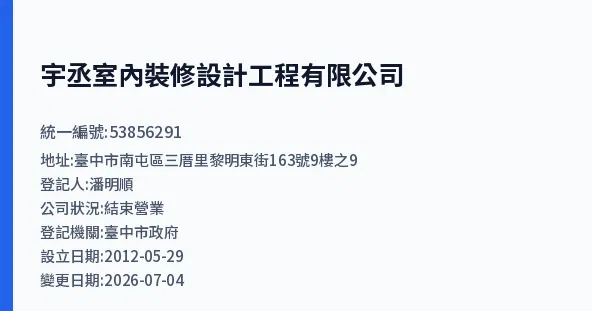 宇丞室內裝修設計工程有限公司的照片-統編 53856291(臺中市) 公司登記資料與營業項目詳細圖表