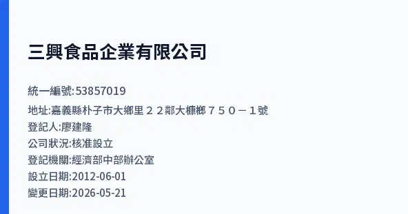 三興食品企業有限公司的照片-統編 53857019(嘉義縣) 公司登記資料與營業項目詳細圖表