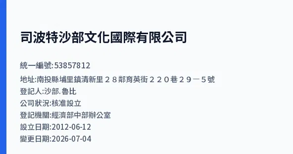 司波特沙部文化國際有限公司的照片-統編 53857812(南投縣) 公司登記資料與營業項目詳細圖表