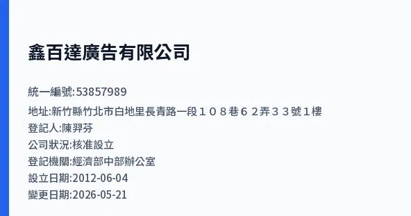 鑫百達廣告有限公司的照片-統編 53857989(新竹縣) 公司登記資料與營業項目詳細圖表