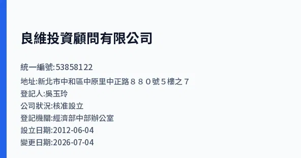 良維投資顧問有限公司的照片-統編 53858122(新北市) 公司登記資料與營業項目詳細圖表