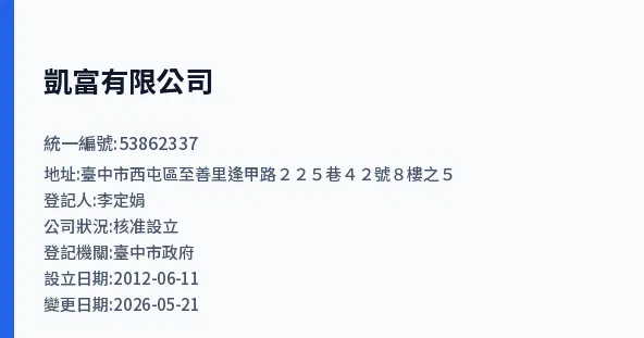 凱富有限公司的照片-統編 53862337(臺中市) 公司登記資料與營業項目詳細圖表