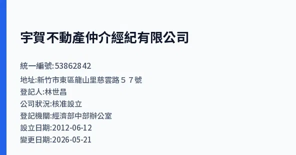 宇賀不動產仲介經紀有限公司的照片-統編 53862842(新竹市) 公司登記資料與營業項目詳細圖表