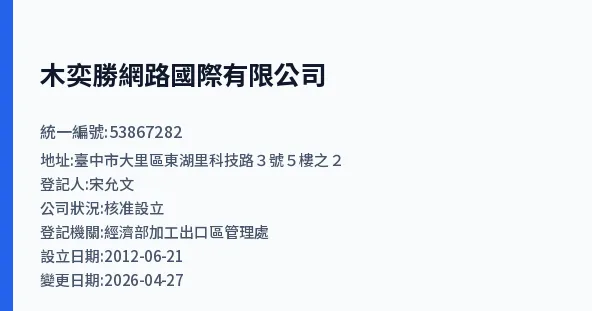 木奕勝網路國際有限公司的照片-統編 53867282(臺中市) 公司登記資料與營業項目詳細圖表
