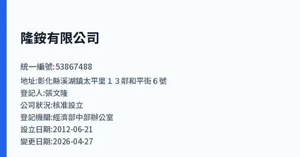 隆銨有限公司的照片-統編 53867488(彰化縣) 公司登記資料與營業項目詳細圖表