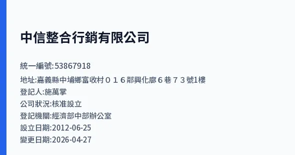 中信整合行銷有限公司的照片-統編 53867918(嘉義縣) 公司登記資料與營業項目詳細圖表
