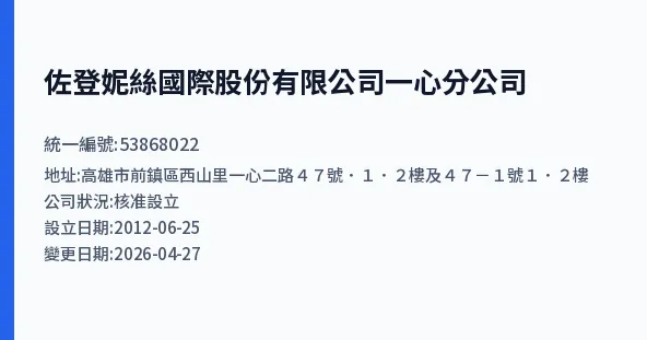 佐登妮絲國際股份有限公司一心分公司的照片-統編 53868022(高雄市) 公司登記資料與營業項目詳細圖表