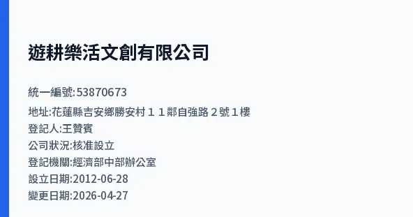 遊耕樂活文創有限公司的照片-統編 53870673(花蓮縣) 公司登記資料與營業項目詳細圖表