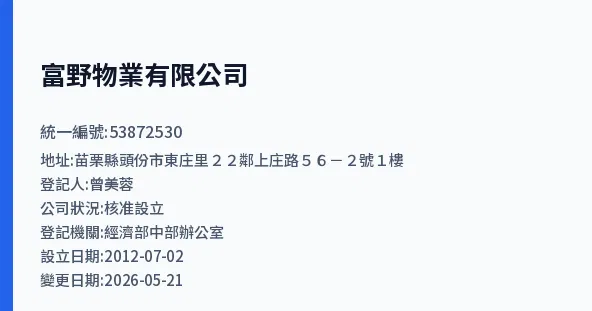 富野物業有限公司的照片-統編 53872530(苗栗縣) 公司登記資料與營業項目詳細圖表