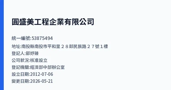 圓盛美工程企業有限公司的照片-統編 53875494(南投縣) 公司登記資料與營業項目詳細圖表