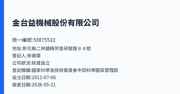 金台益機械股份有限公司的照片-統編 53875522(彰化縣) 公司登記資料與營業項目詳細圖表
