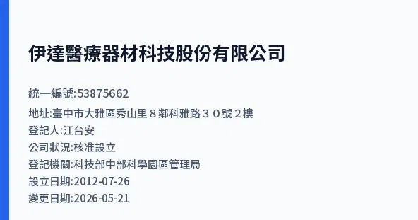 伊達醫療器材科技股份有限公司的照片-統編 53875662(臺中市) 公司登記資料與營業項目詳細圖表