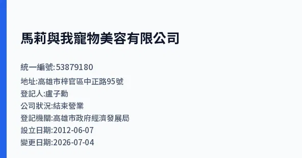 馬莉與我寵物美容有限公司的照片-統編 53879180(高雄市) 公司登記資料與營業項目詳細圖表