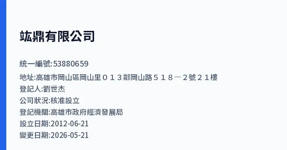 竑鼎有限公司的照片-統編 53880659(高雄市) 公司登記資料與營業項目詳細圖表