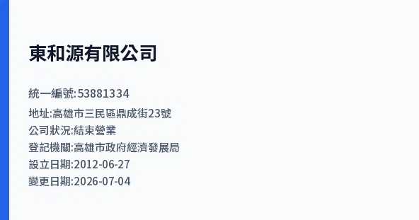 東和源有限公司的照片-統編 53881334(高雄市) 公司登記資料與營業項目詳細圖表