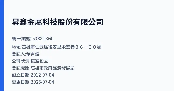 昇鑫金屬科技股份有限公司的照片-統編 53881860(高雄市) 公司登記資料與營業項目詳細圖表