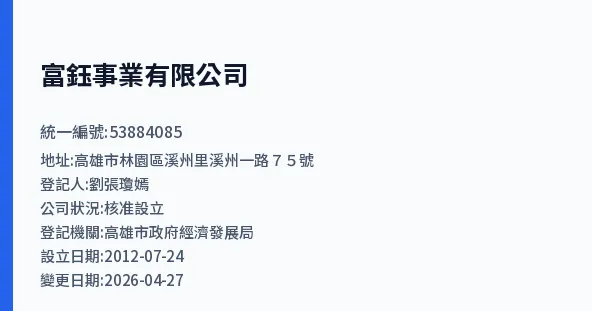 富鈺事業有限公司的照片-統編 53884085(高雄市) 公司登記資料與營業項目詳細圖表