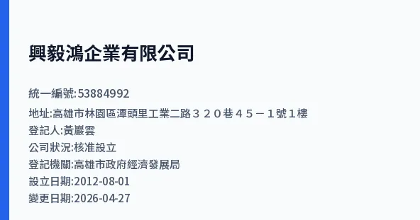 興毅鴻企業有限公司的照片-統編 53884992(高雄市) 公司登記資料與營業項目詳細圖表