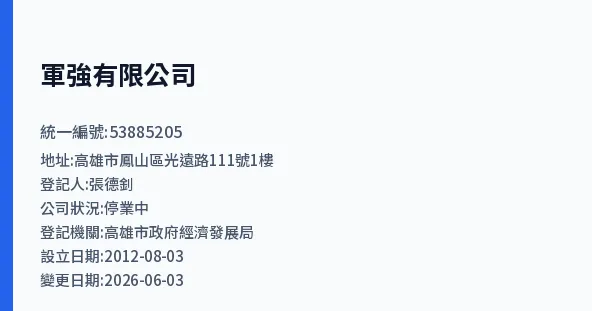 軍強有限公司的照片-統編 53885205(高雄市) 公司登記資料與營業項目詳細圖表