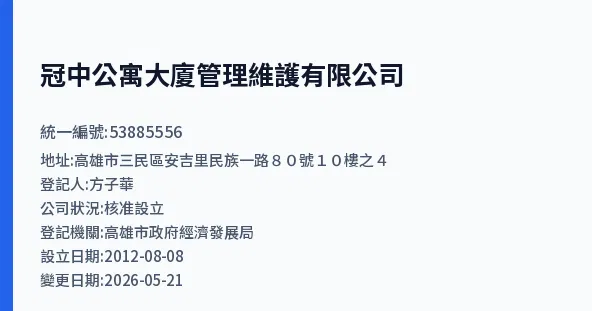 冠中公寓大廈管理維護有限公司的照片-統編 53885556(高雄市) 公司登記資料與營業項目詳細圖表