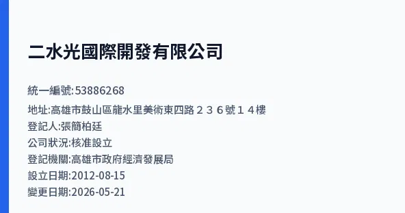 二水光國際開發有限公司的照片-統編 53886268(高雄市) 公司登記資料與營業項目詳細圖表
